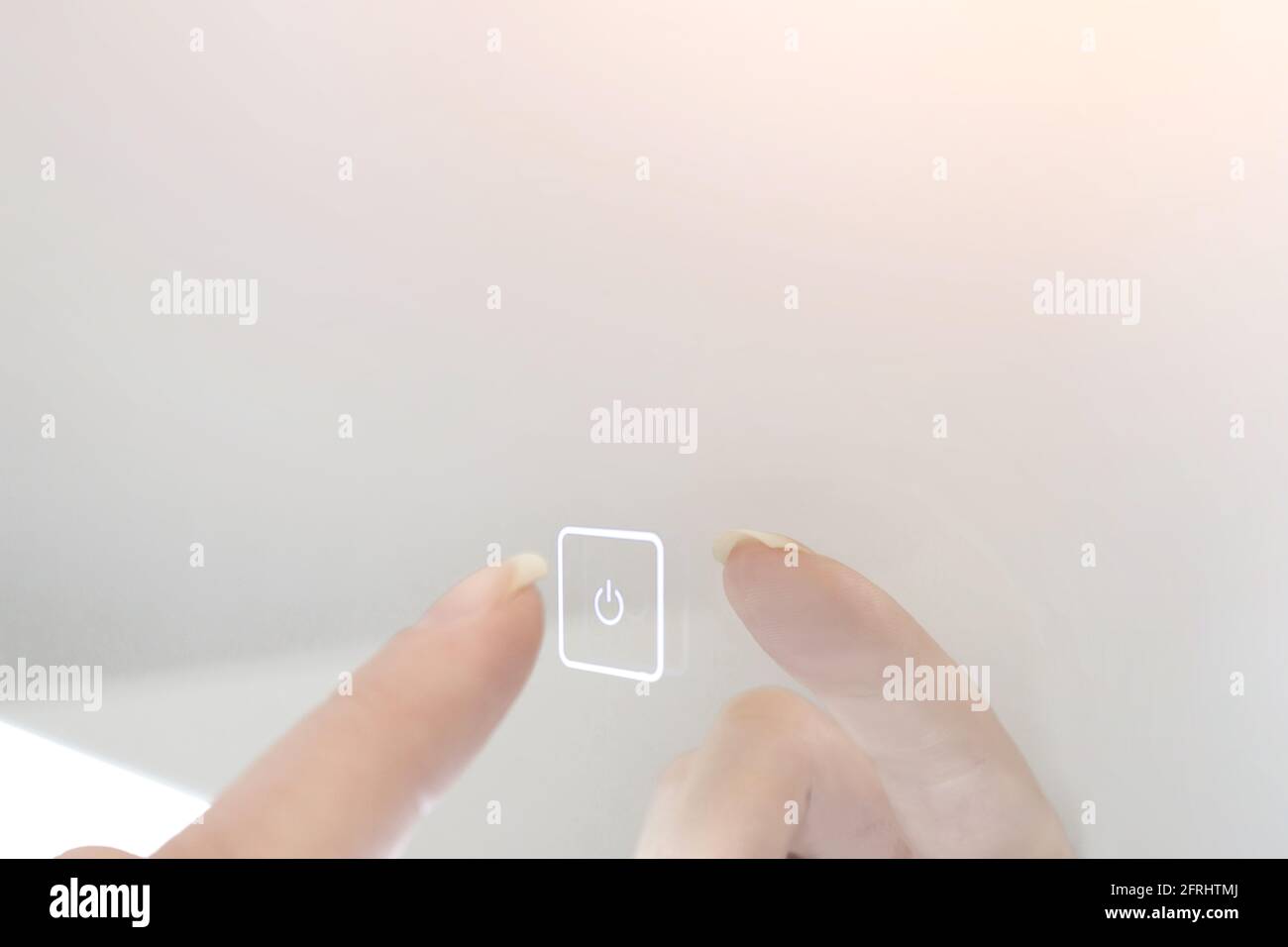 Finger press power button on screen, modern technology concept Stock ...