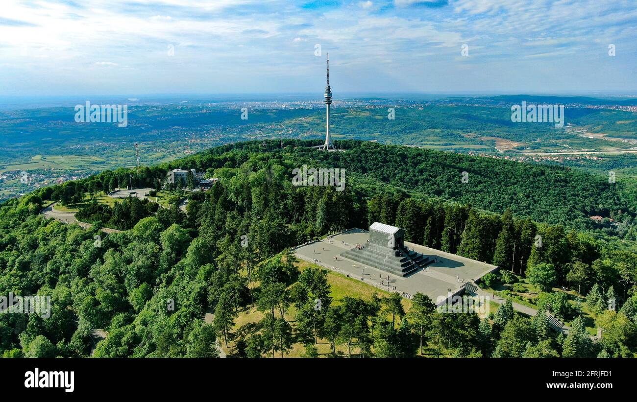 Aerial shot of Monument to the Unknown Hero and TV Tower on Avala ...