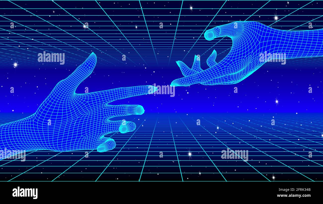 Hands touching in cyberpunk concept with 80s neon and grid style ...