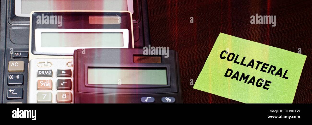 COLLATERAL DAMAGE message card next to three calculators. Financial ...