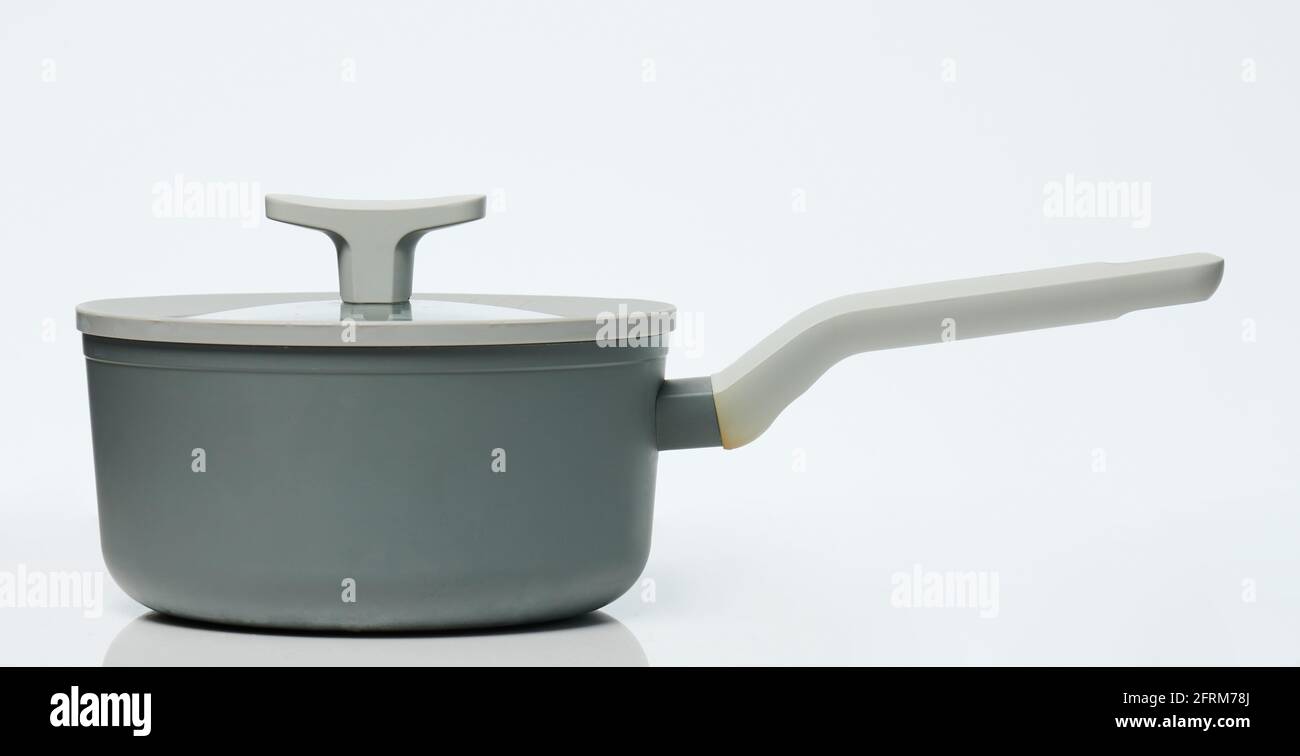Gray modern pot with cover side view isolated Stock Photo - Alamy