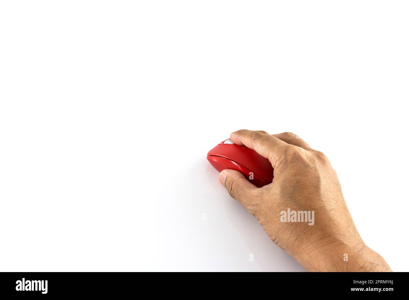 Male hand holding red wireless mouse on white background Stock Photo ...