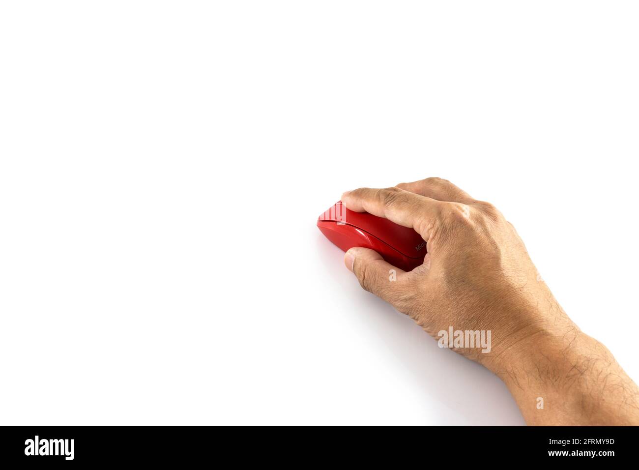 Male hand holding red wireless mouse on white background Stock Photo ...