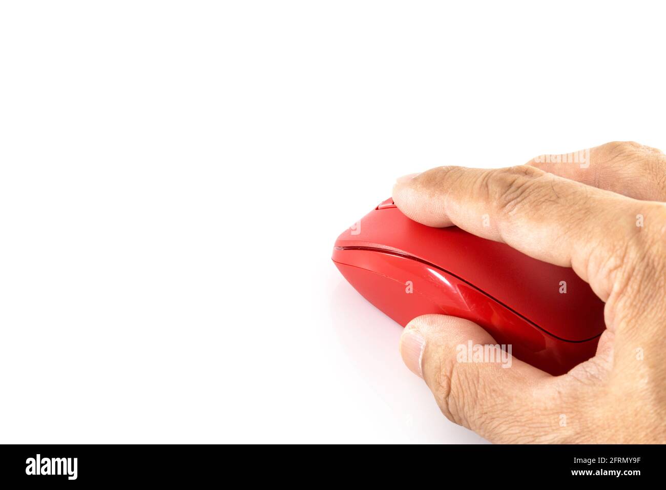 Male hand holding red wireless mouse on white background Stock Photo ...