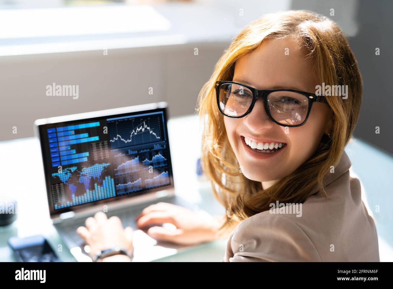 Analyst Woman Looking At Business Data Analytics Dashboard Stock Photo ...