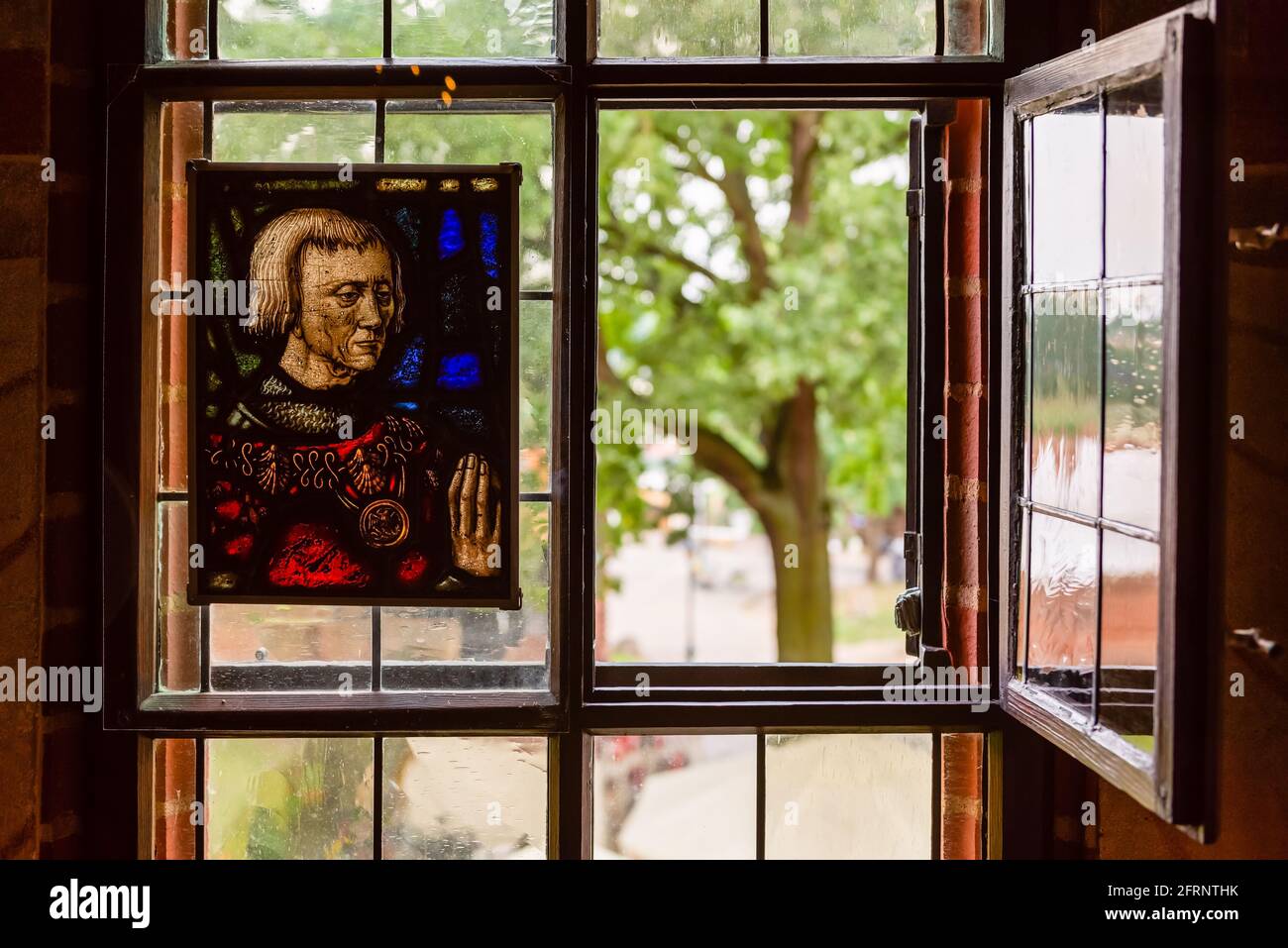 antique medieval vitrage on a window in a castle, open window Stock ...