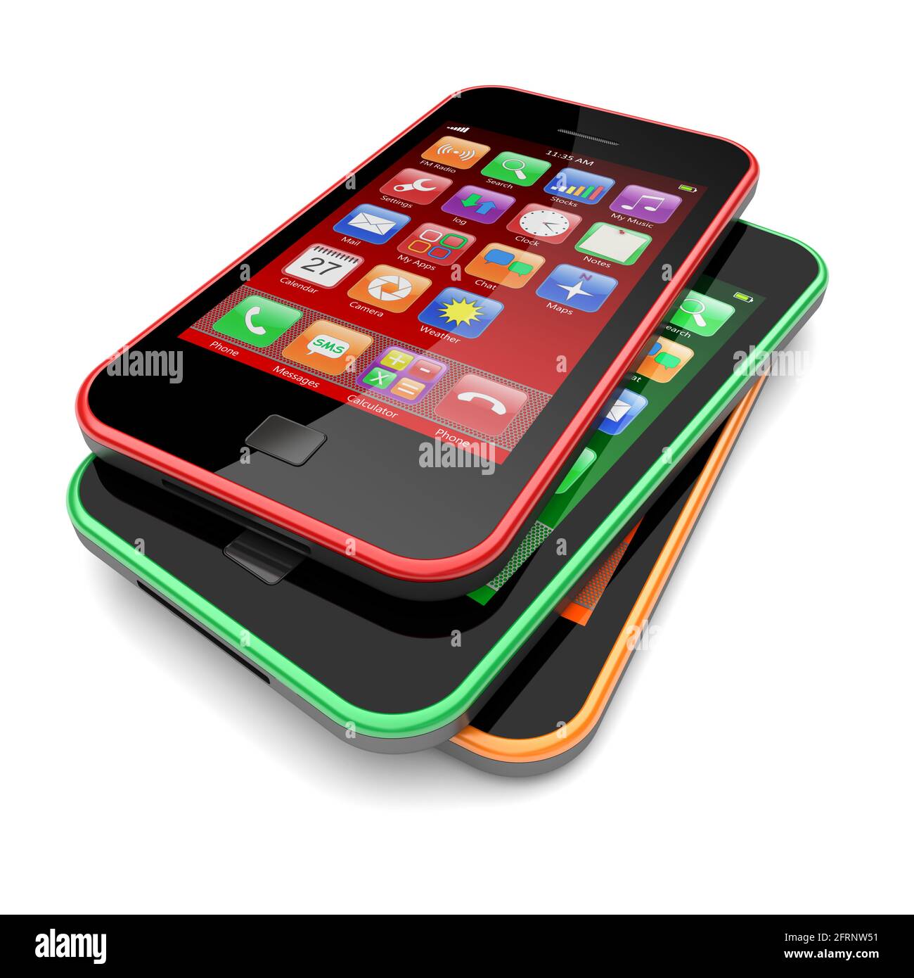 Smartphones with touchscreen and colorful apps . 3d image Stock Photo ...