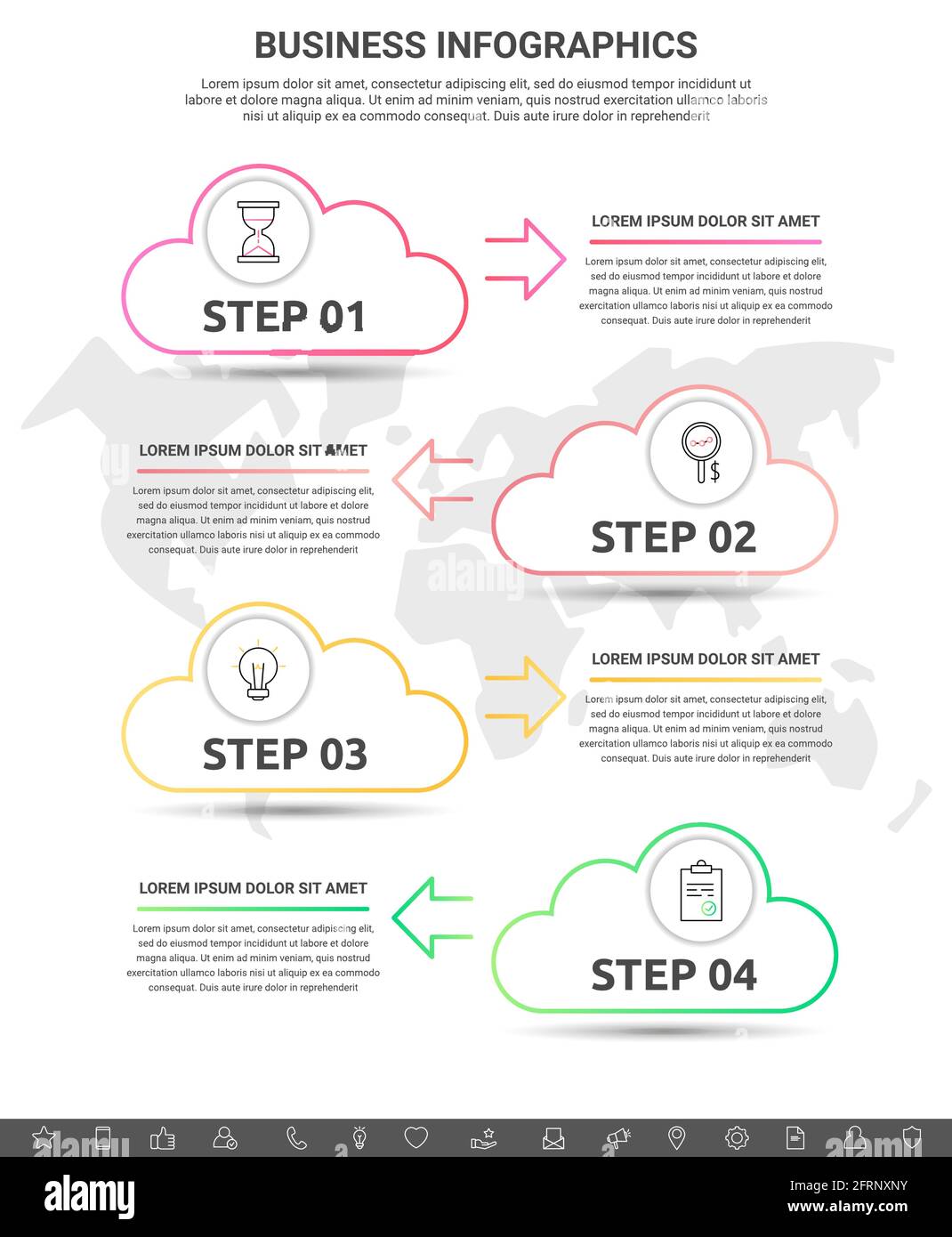 Infographic clouds with arrows. Vector line business concept of 4 steps, icons. Template with ...