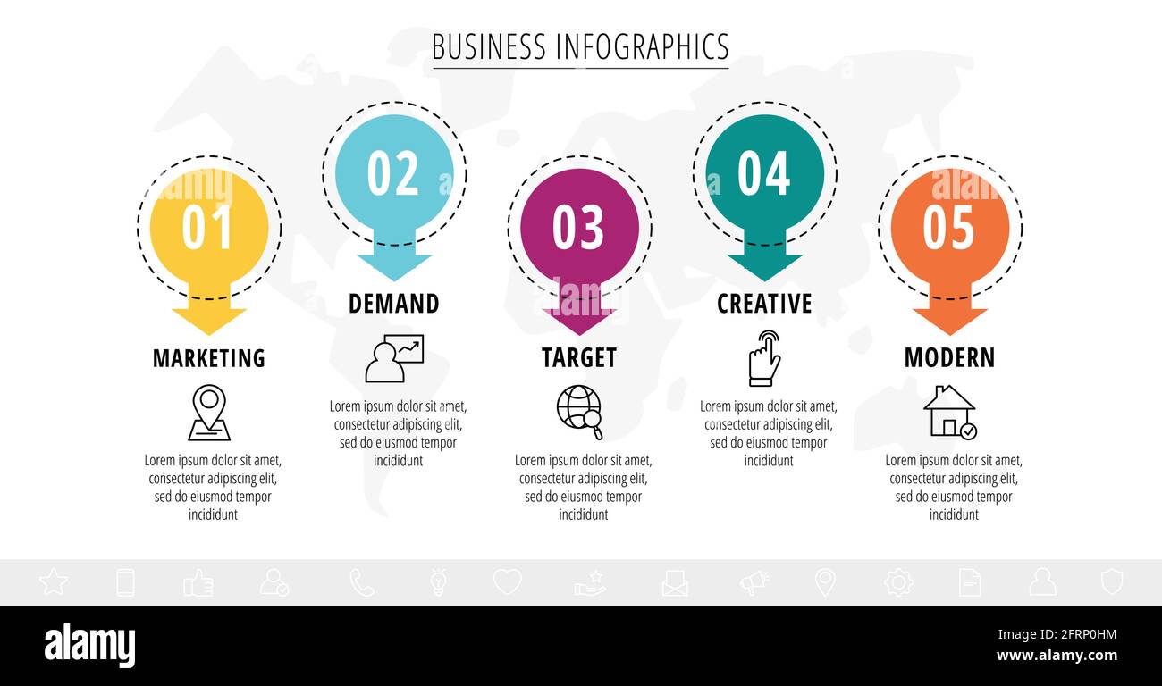 Vector infographics or timeline five circles cards connected by arrows ...