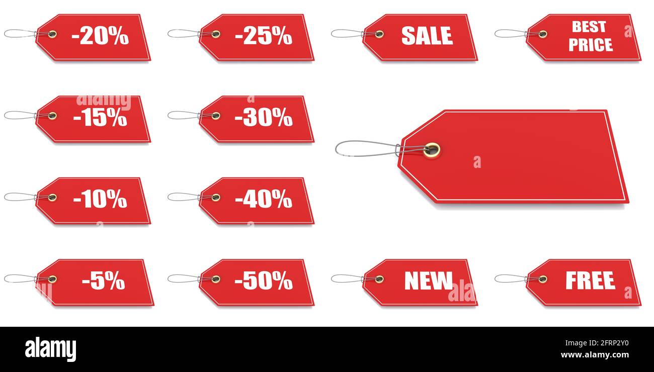3d set of price and discount tag on a white background Stock Photo - Alamy