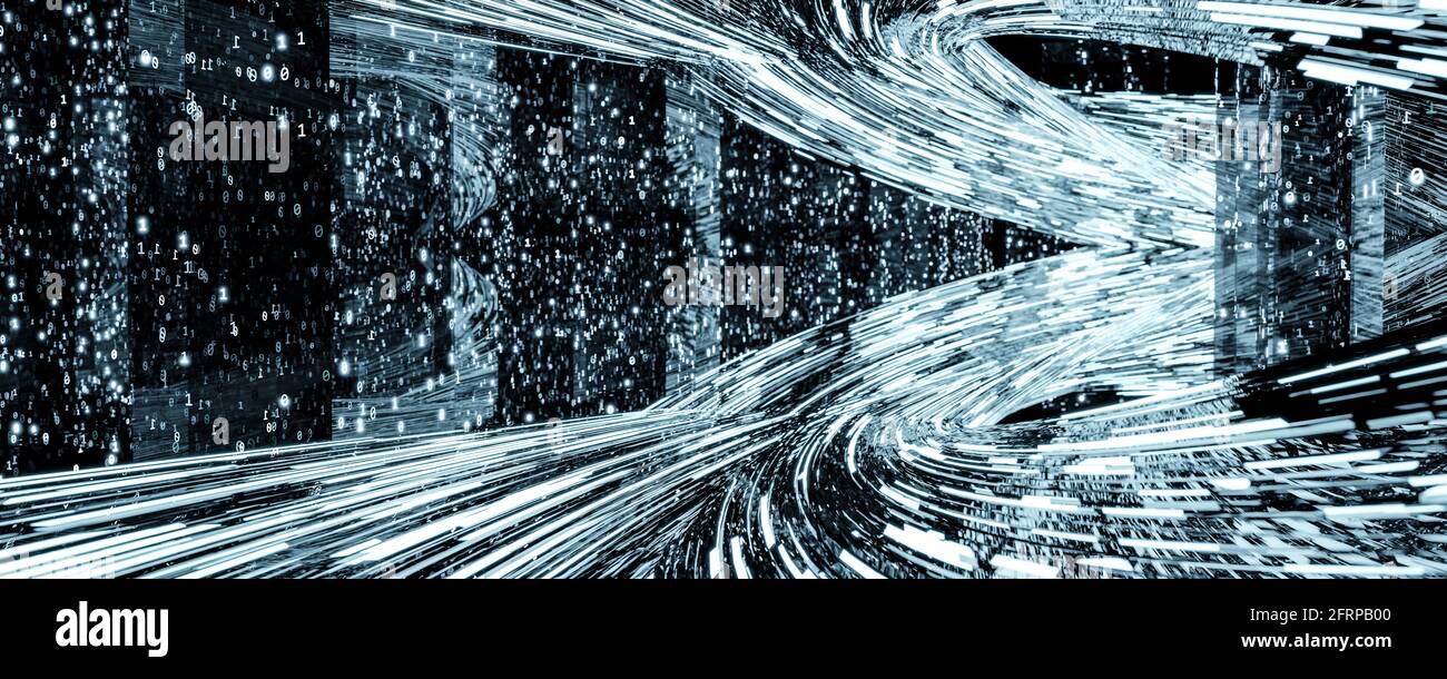 data highway concept visualization with binary program code and glowing ...