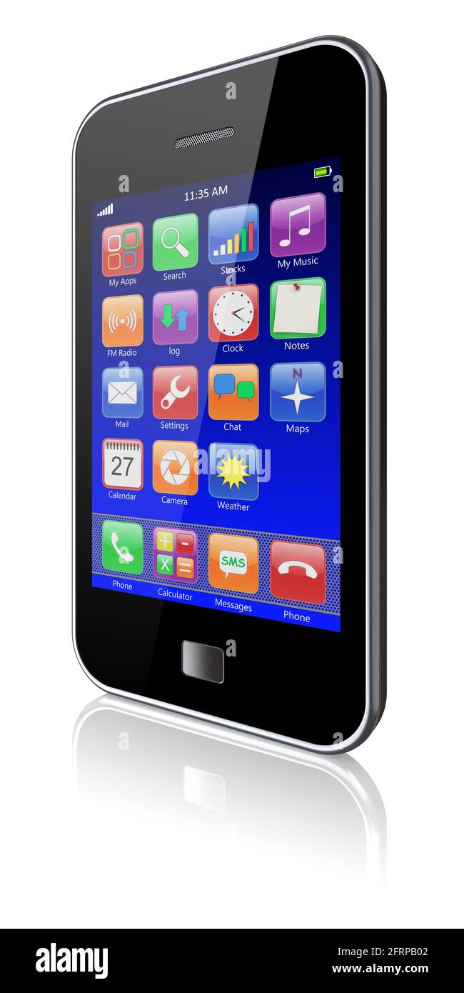 Mobile phone with blue touchscreen and colorful apps . 3d image Stock ...