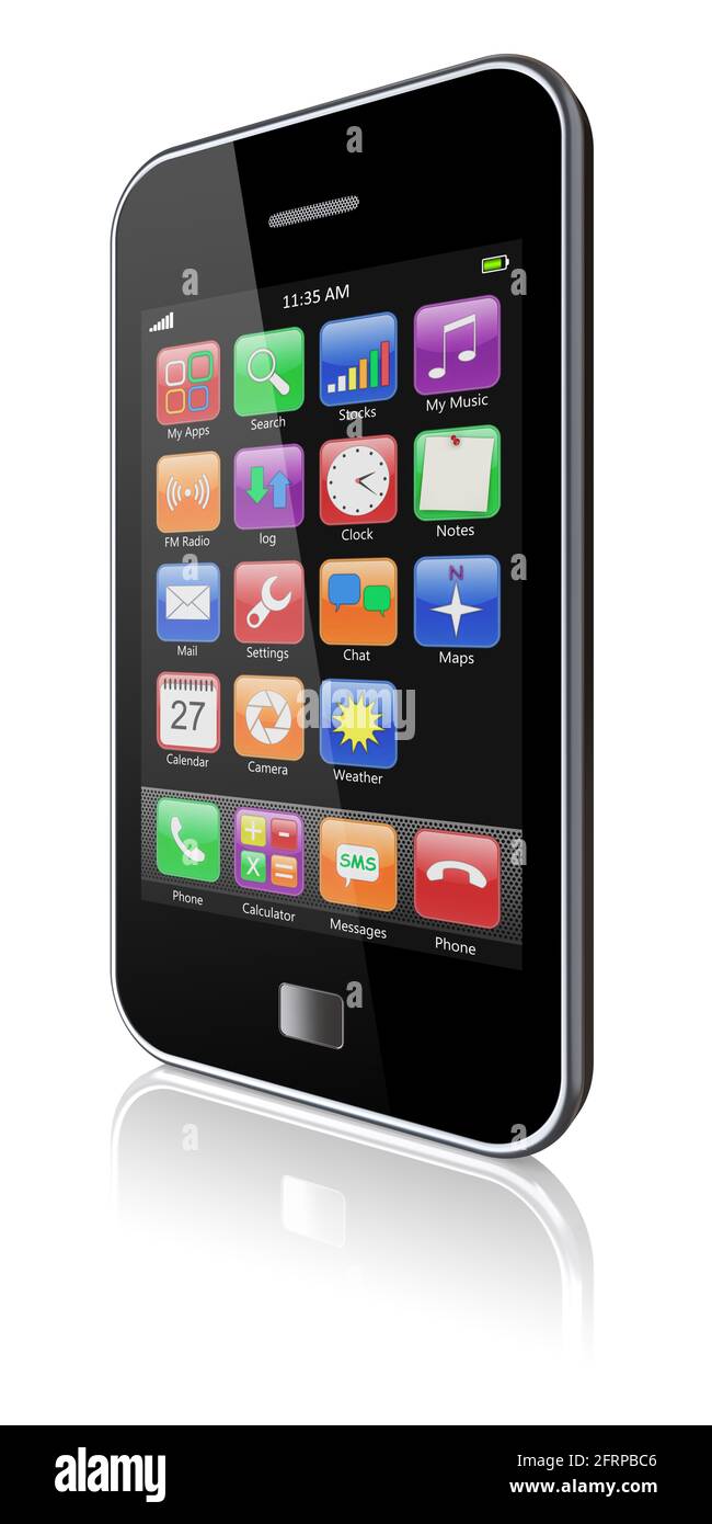 Mobile phone with touchscreen and colorful apps . 3d image Stock Photo ...