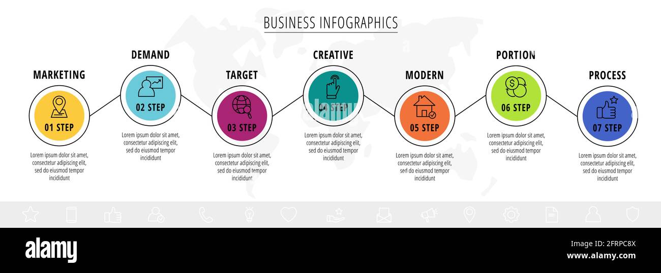 Modern and line vector infographic with icons and seven steps. Circles ...
