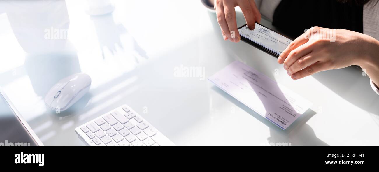 Remote Payroll Cheque Deposit Taking Picture Using Phone Stock Photo ...