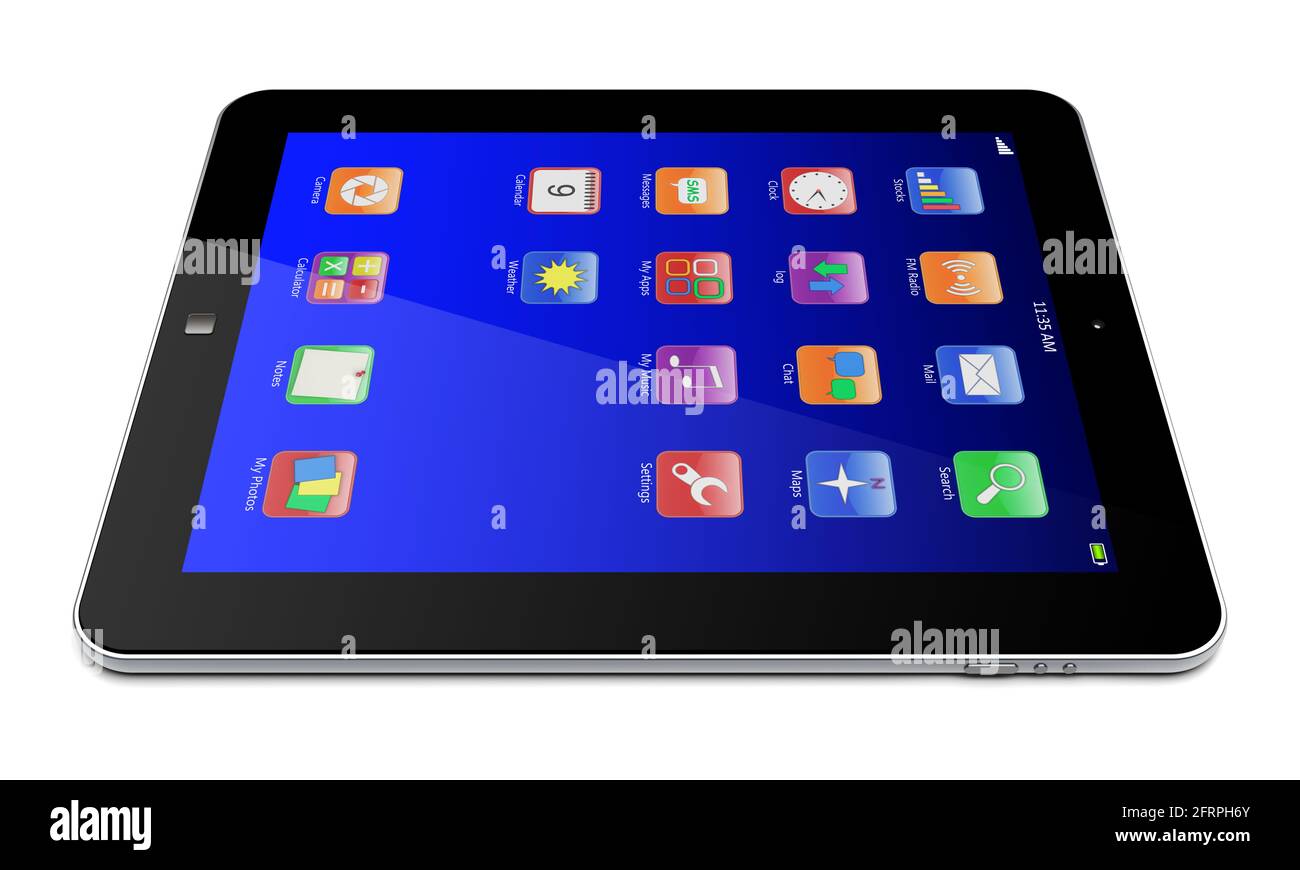 Tablet PC computer with blue screen and colorful apps . 3d image Stock ...