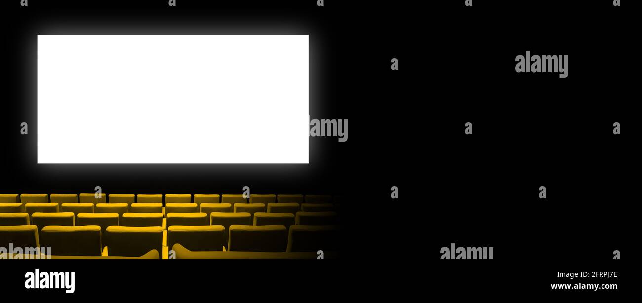 Cinema movie theatre with yellow velvet seats and a blank white screen ...