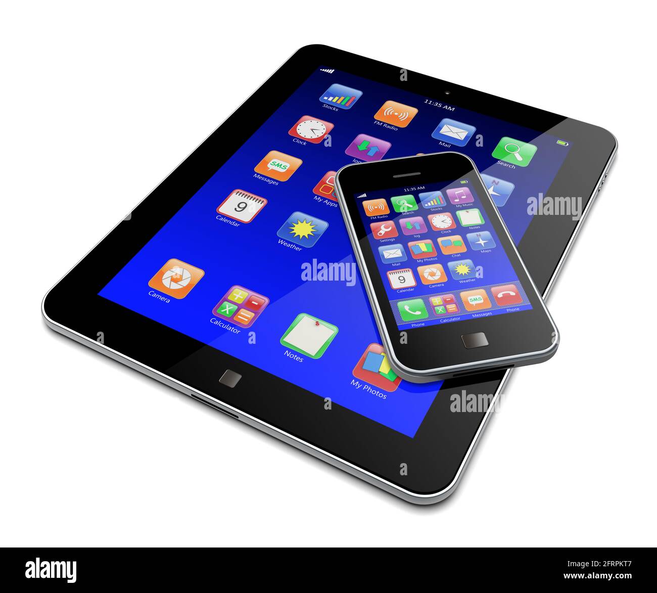 Tablet PC and mobile smartphone with blue touchscreen and colorful apps ...