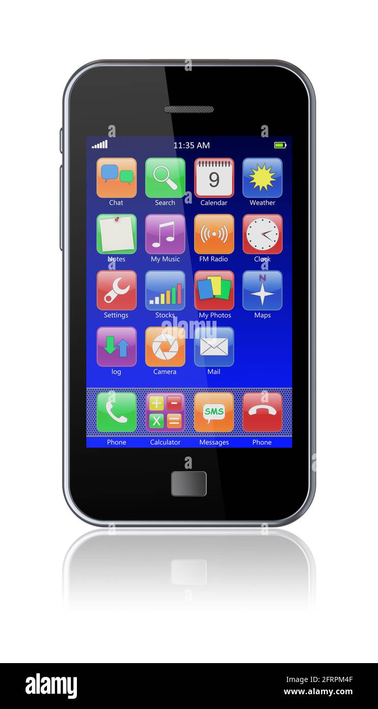 Mobile smart phone with blue screen and colorful apps. 3d image Stock ...