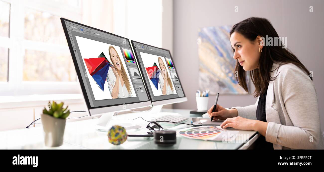 Graphic Web Designer Using Multiple Monitors Desktop Computer Stock ...