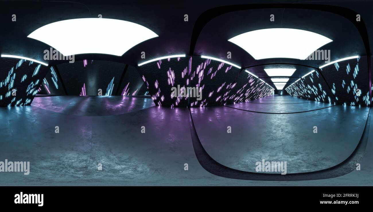 full 360 degree panorama view of futuristic building interior with neon ...