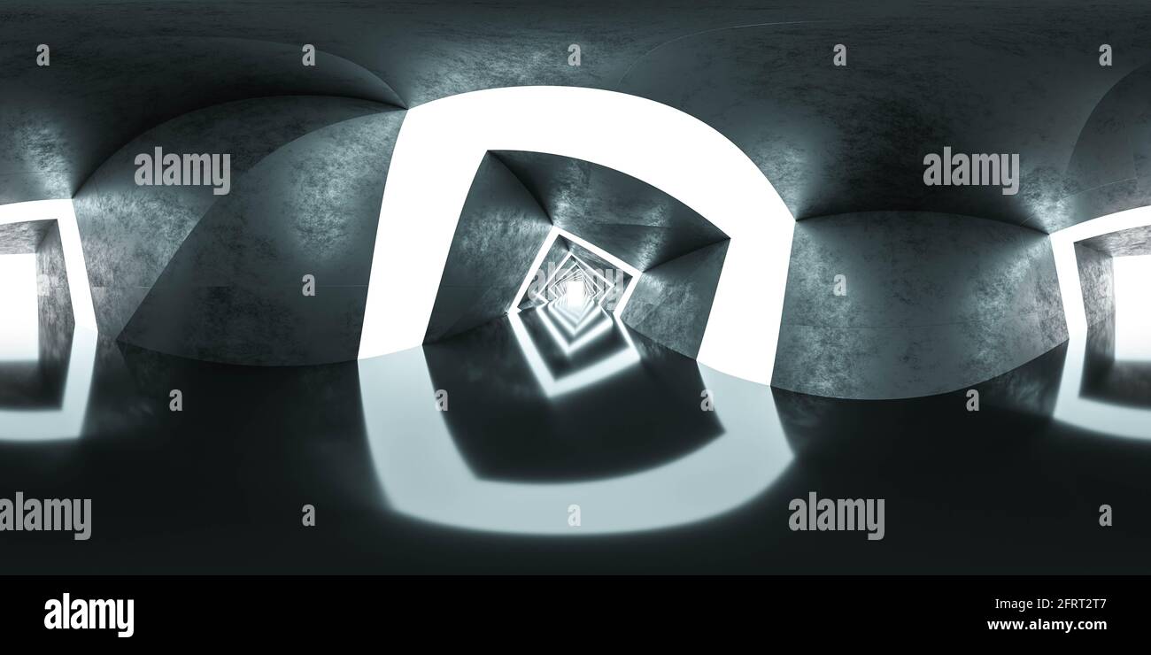 full 360 spherical panorama view of dark concrete cube design hallway ...