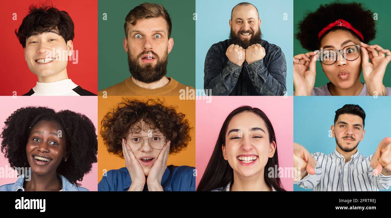 Portraits of group of people on multicolored background, collage Stock ...
