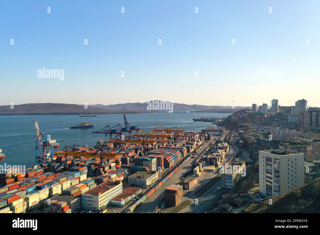 Vladivostok, Russia-April 12, 2020: Industrial landscape with a view of ...