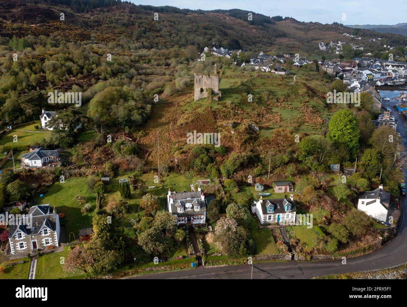 Aerial view of Tarbert Castle and village, Kintyre Peninsula, Argyll ...