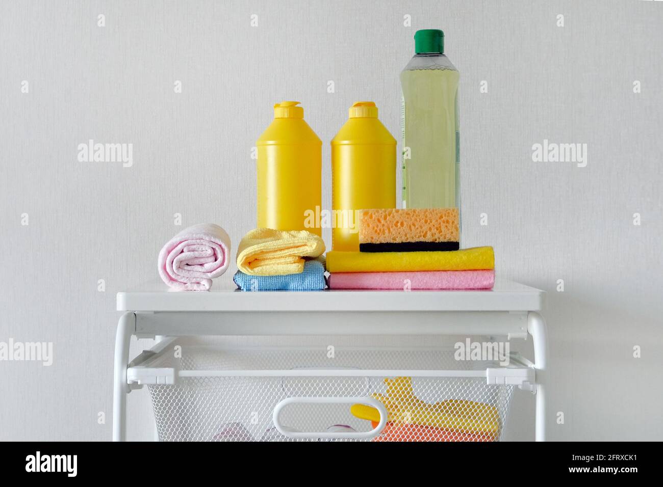 Detergent for cleaning room. Dry cleaning concept. Plastic bottles with ...