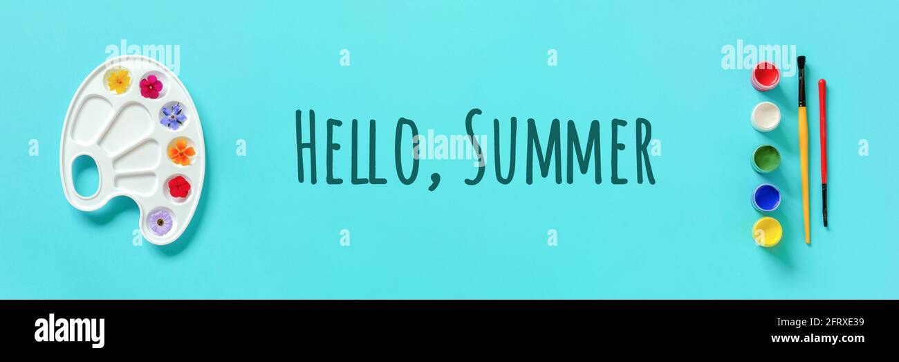 Hello summer concept. Bright colorful flowers on artistic palette ...