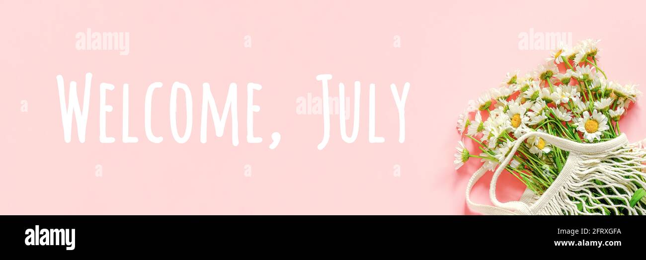 Welcome, July text. Bouquet of white chamomile in reusable shopping eco ...