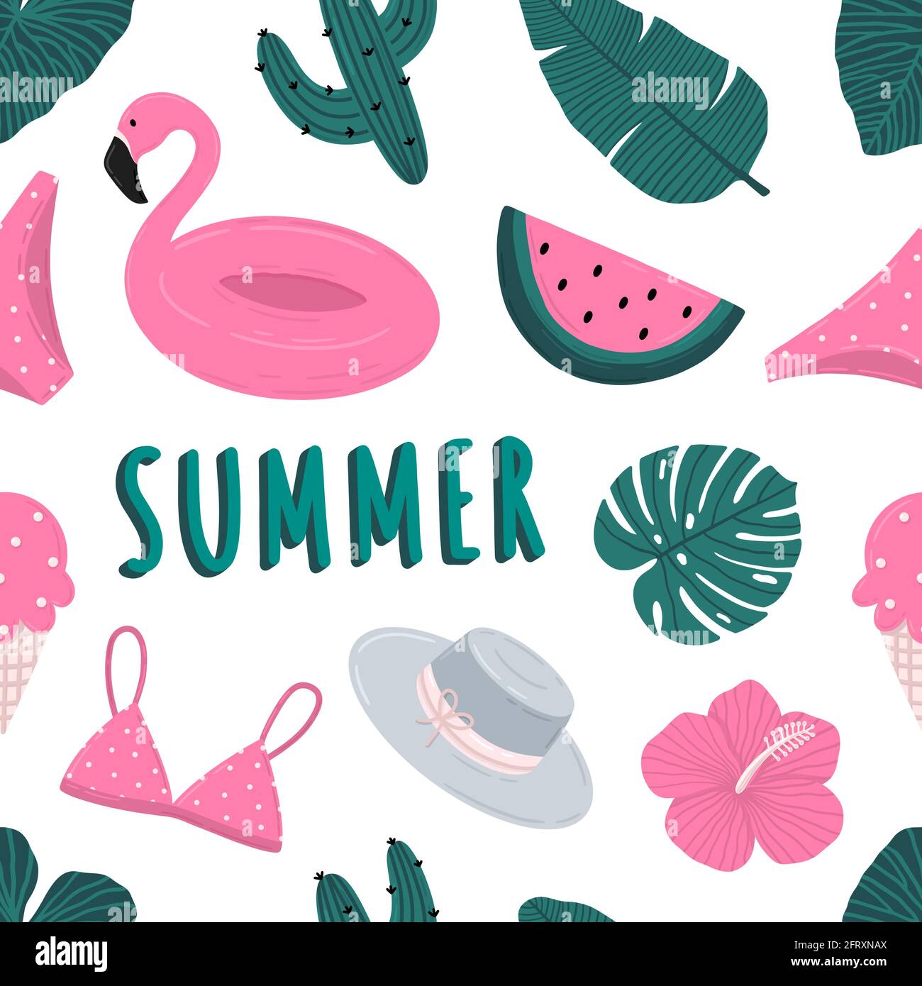 Summer pink flamingo pattern with tropical leaves, watermelon, hat ...