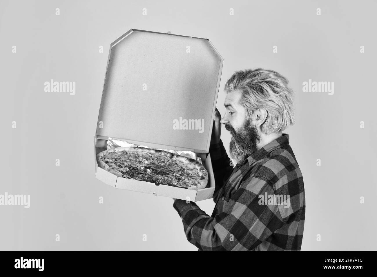 happy bearded man with pizza. italian food. italy is here. bearded male ...