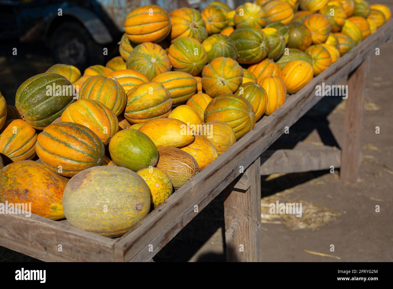 Ripe melons on wooden table, local farm produce Stock Photo - Alamy