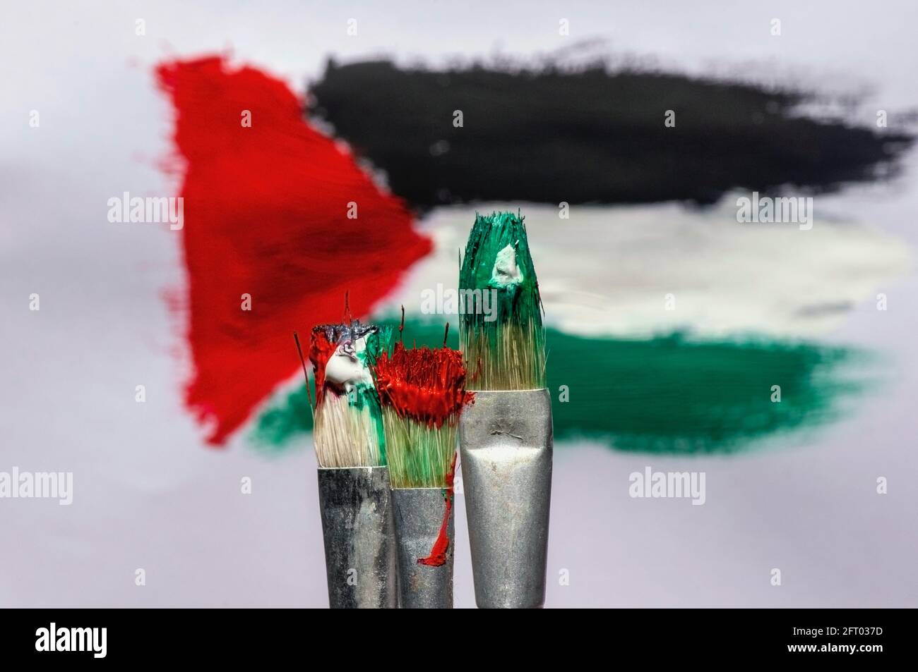 Three brushes in front of defocused Palestine flag painting with a ...