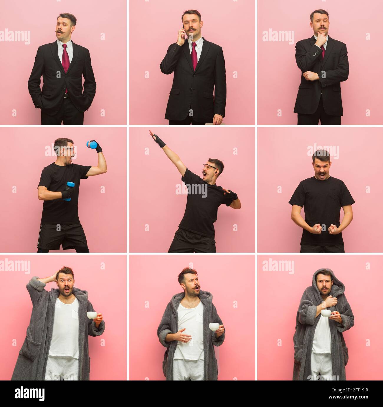 Collage of young man in different type of occupation isolated on pink ...