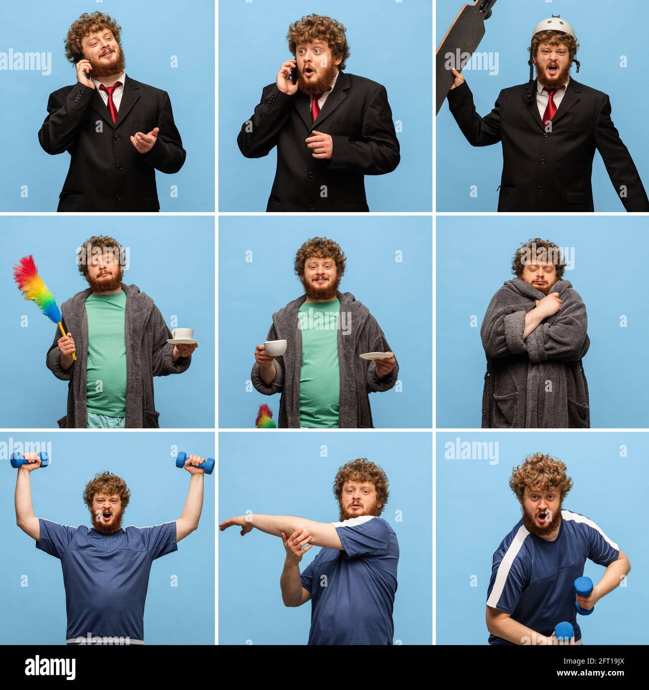 Collage of young man in different type of occupation isolated on blue ...