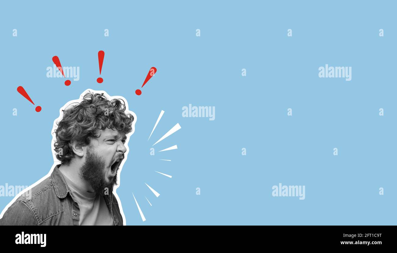 Collage of angry shouting young man with exclamation marks isolated ...