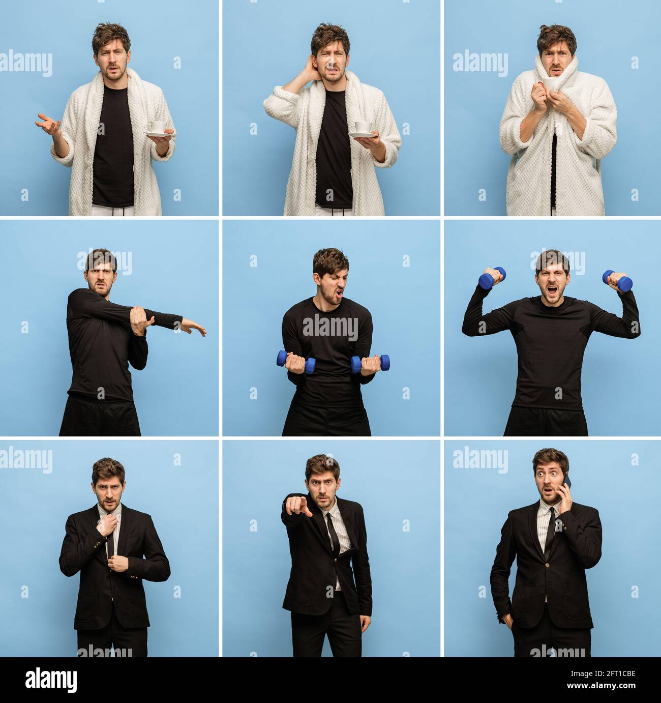 Collage of young man in different type of occupation isolated on blue ...