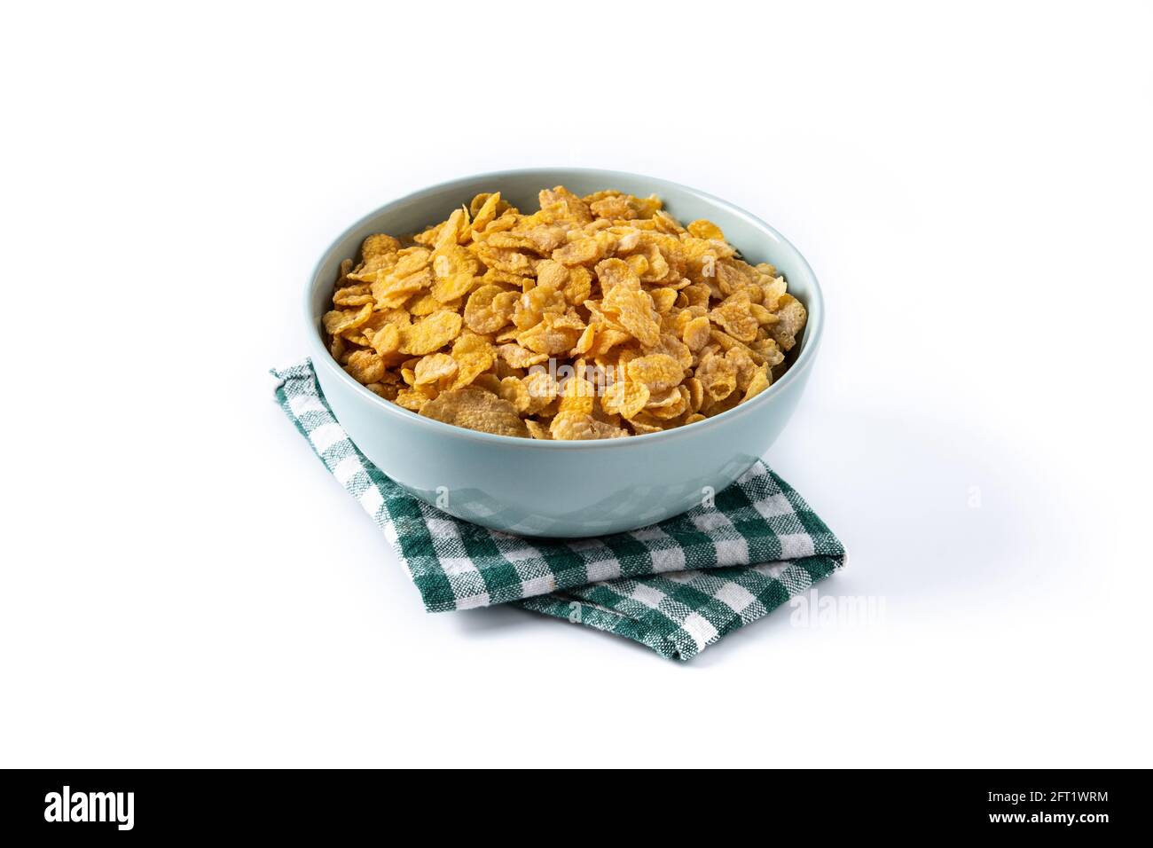 Corn flakes in a blue bowl isolated on white background Stock Photo - Alamy