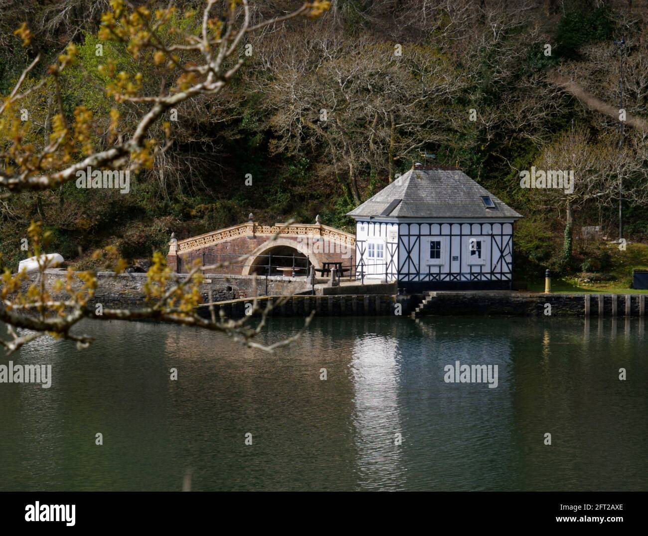 The Royal Boathouse at Penquite Quay, seen from St Winnow Point across ...