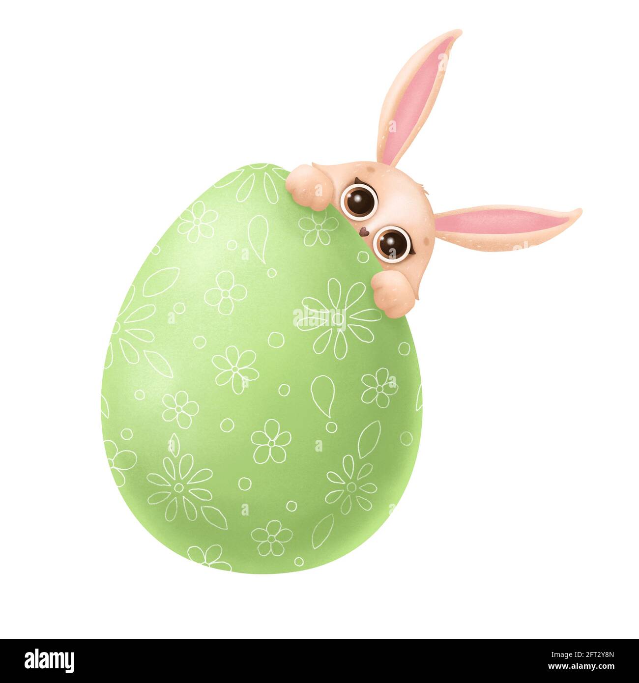 Cute Easter bunny hiding behind an Easter egg. Rabbit on a white ...