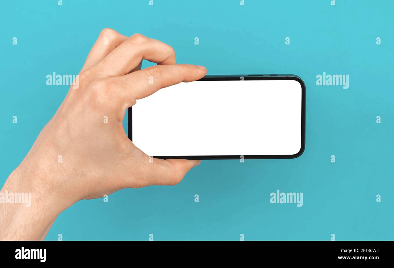 Hand hold mobile phone mockup horizontally application template ...