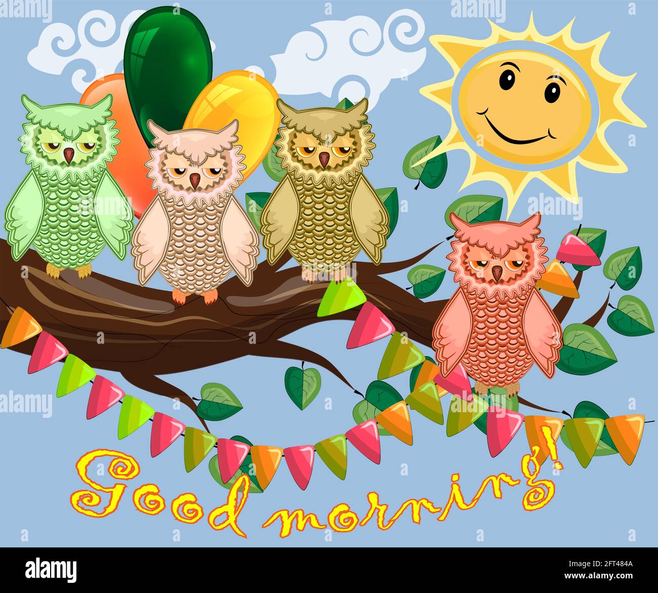 An unhappy, sleepy owl on a tree branch in the morning, the sun shines ...