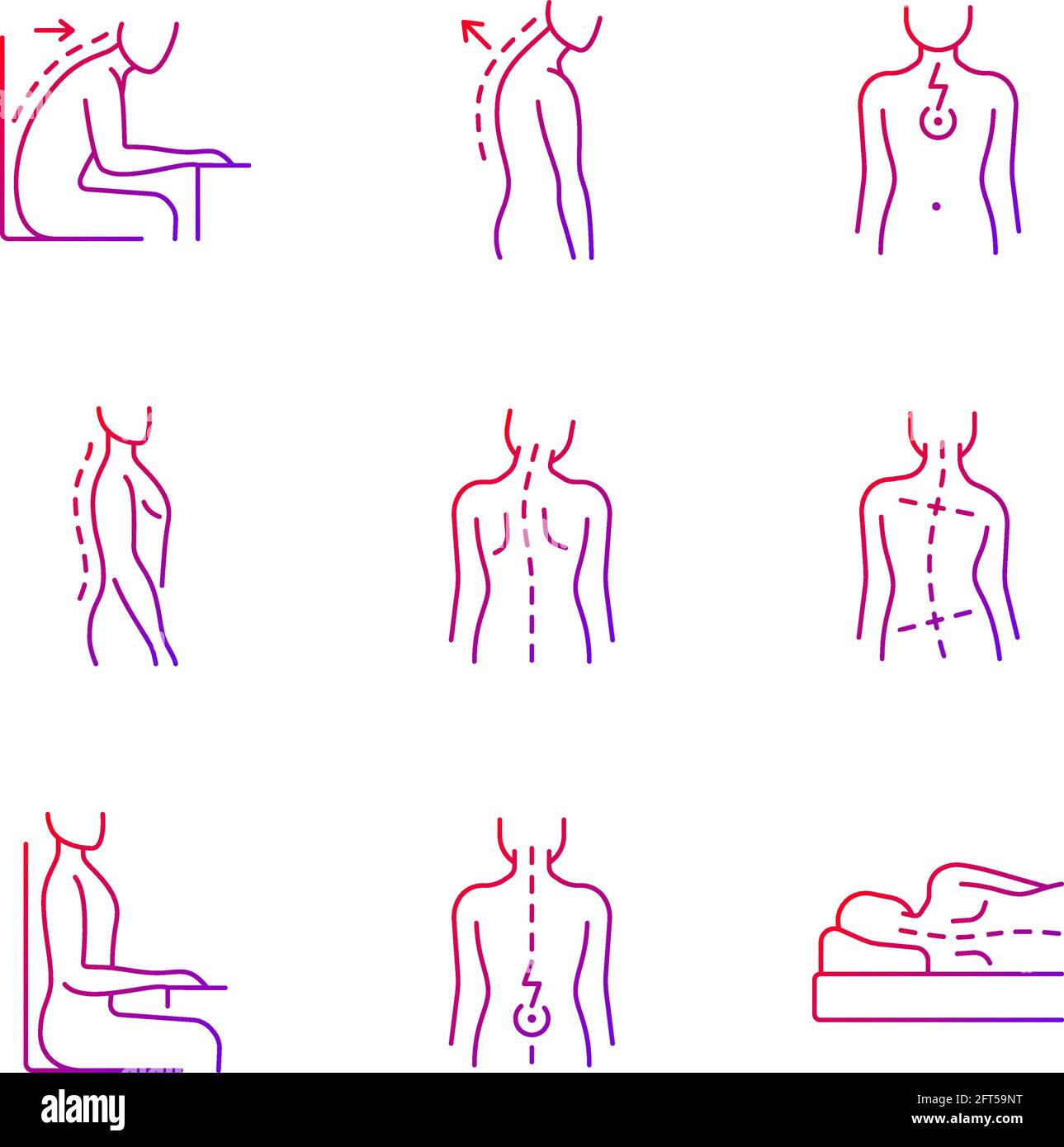 Back and posture problems gradient linear vector icons set. Slouched ...