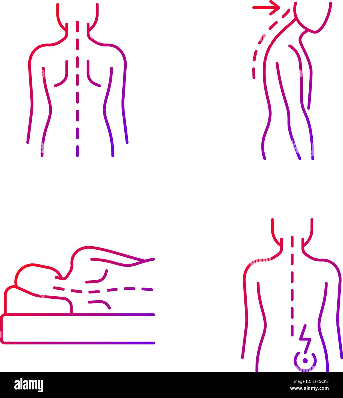 Poor posture problems gradient linear vector icons set. Normal spine ...