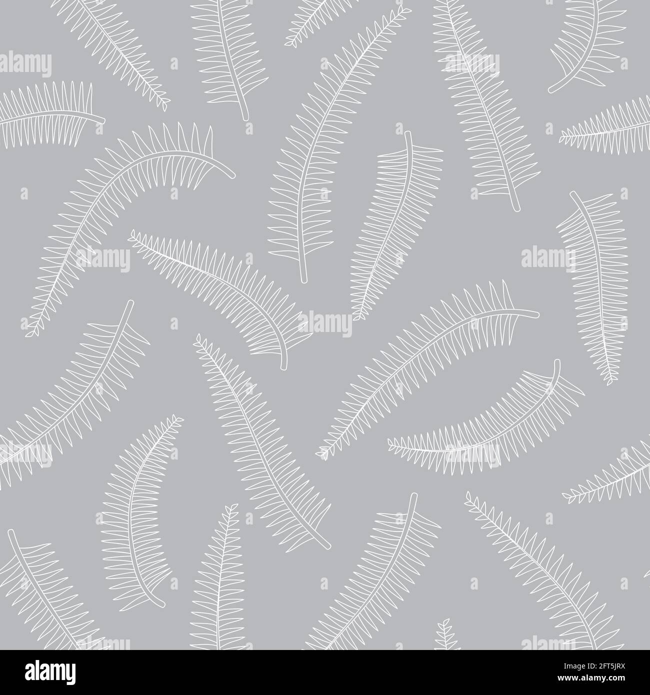 Tropical fern leaves white outline drawing seamless pattern. Gray ...