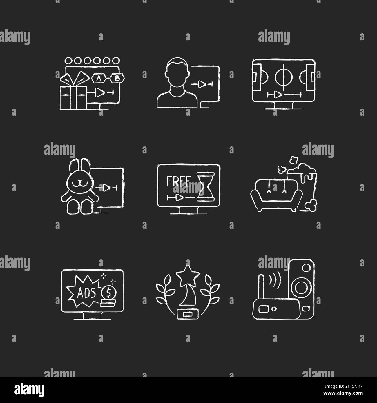 Broadcast services chalk white icons set on black background Stock ...