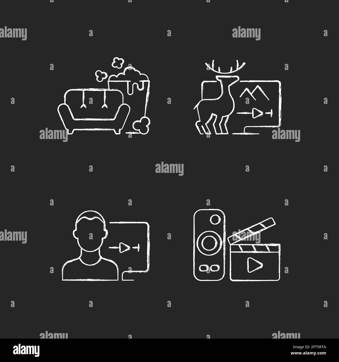 Broadcasting services chalk white icons set on black background Stock ...